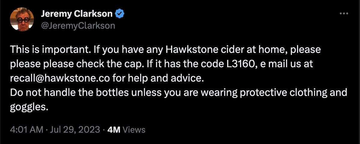 Jeremy Clarkson Warns Some of His Hawkstone Cider Bottles Are 'Explosive'