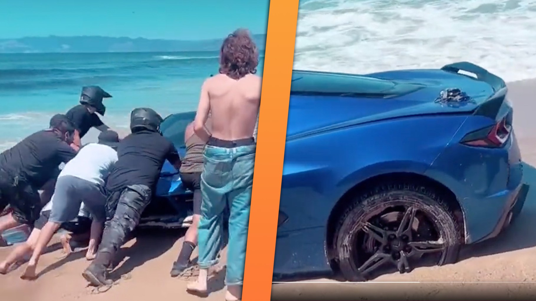 Watch a Crowd Try to Save a Beached Chevy Corvette From High Tide