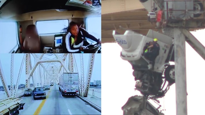 Incredibly Quick Crane Rescue Saves Semi-Truck Driver Dangling off Bridge