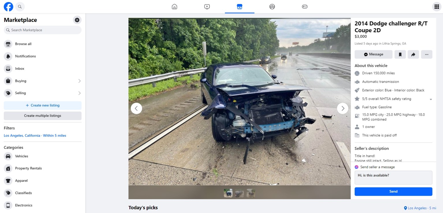 Smart: Man Lists Dodge Challenger on Marketplace Immediately After Crashing
