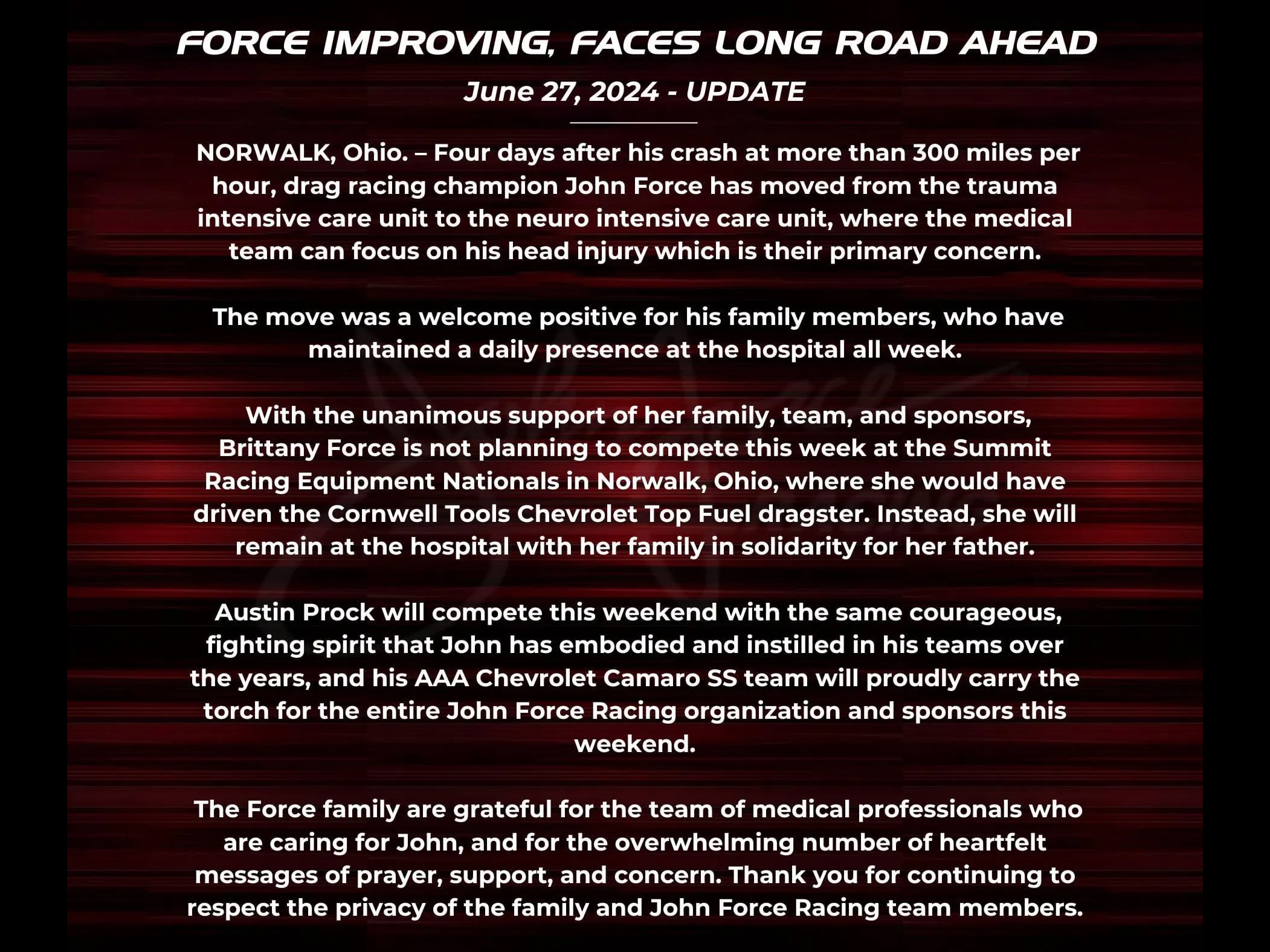 John Force Transferred to Neuro ICU Days After 300-MPH Crash