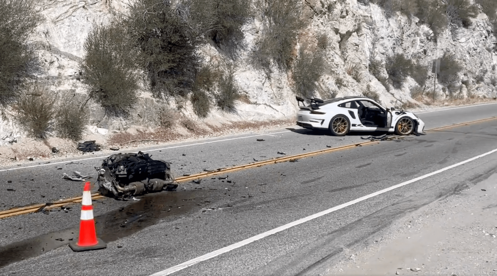 Big Crash Between Two Porsche 911s on Angeles Crest Ripped Engine from Car