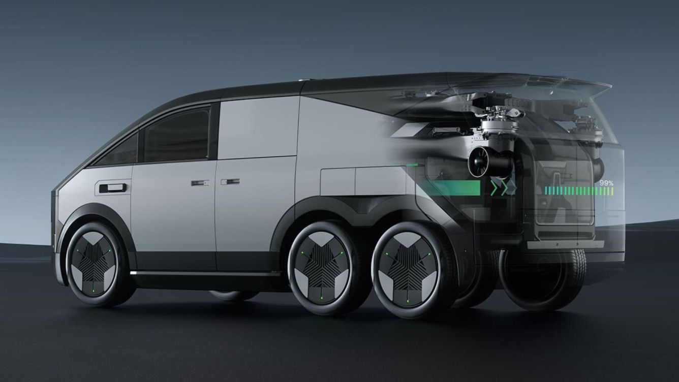 This Six-Wheeled Cybertruck-Like Van Packs a Built-In Helicopter
