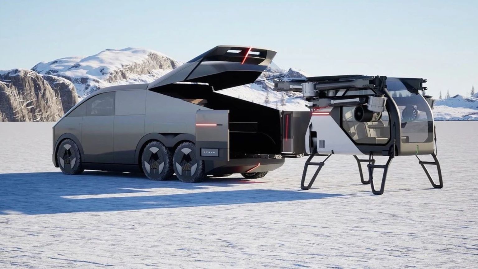This Six-Wheeled Cybertruck-Like Van Packs a Built-In Helicopter