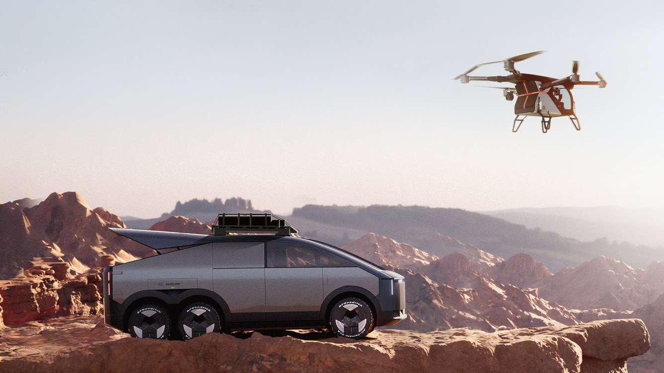 This Six-Wheeled Cybertruck-Like Van Packs a Built-In Helicopter
