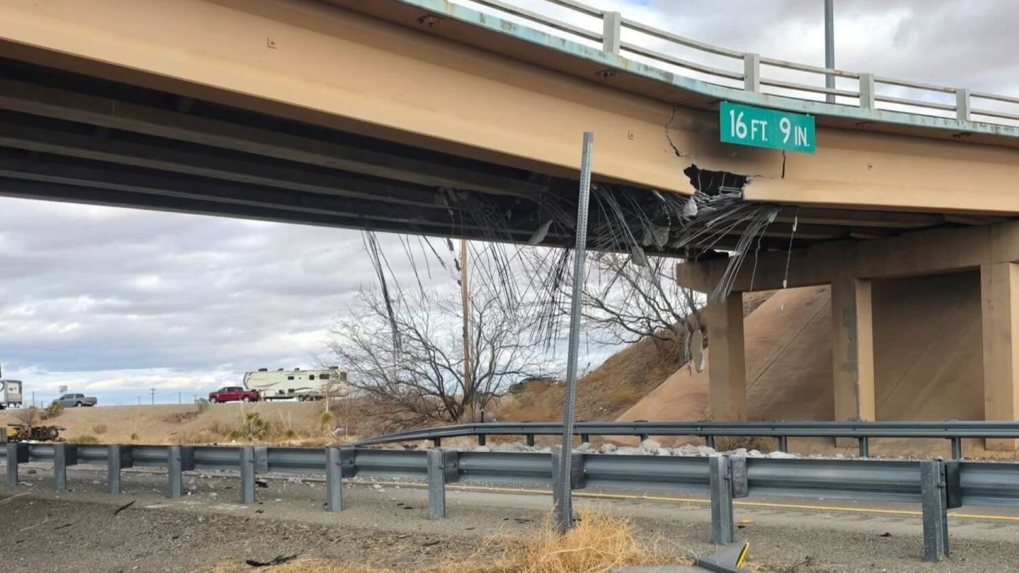 Excavator on Trailer Decimates Highway Overpass at Interstate Speeds